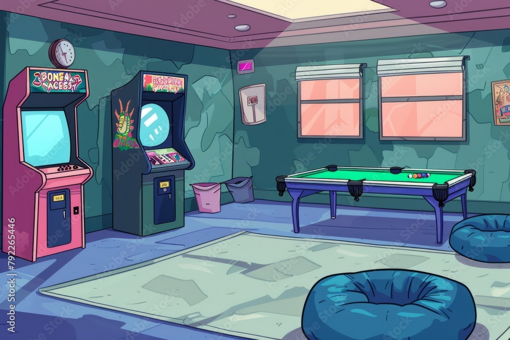 Cartoon cute doodles of an empty game room with a pool table, arcade ...