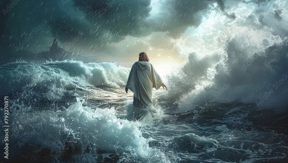 Jesus walking on water stormy sea background. Generate AI image Stock ...
