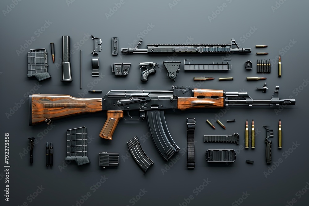 picture of ak-47 and all its components on solid dark gray background ...