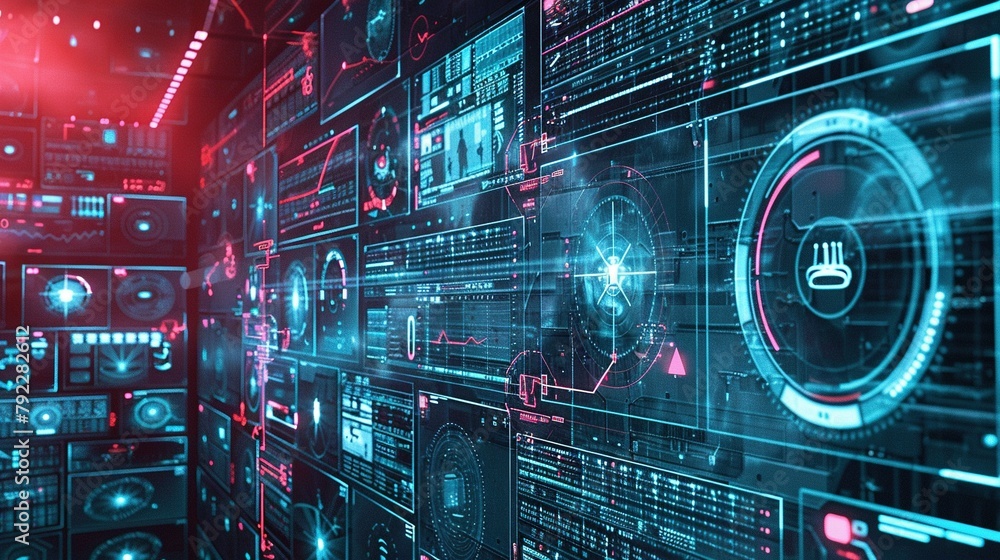 wide banner of security CCTV cameras and guard monitoring screen hud UI ...