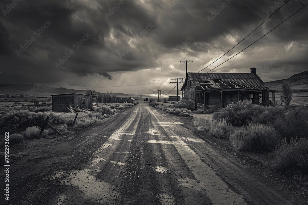 Cinematic Ghost Town exploration, monochrome, decaying structures ...