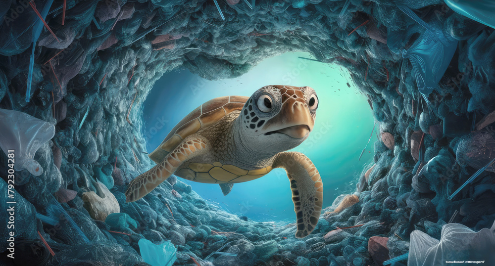 Sea turtle swimming through a dense swirl of single-use plastic ...