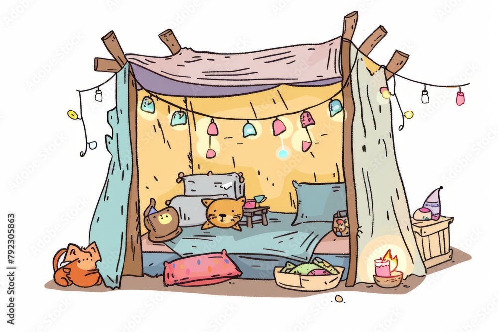 Cartoon cute doodles of a secret hideout under a blanket fort with ...