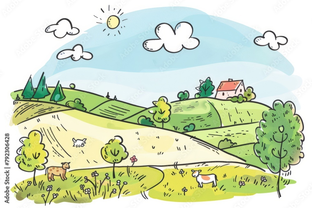 Cartoon cute doodles of a special spot in the countryside with rolling ...