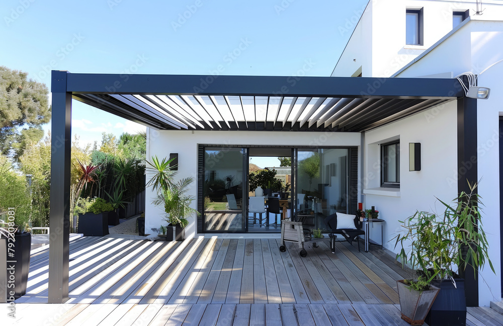 Design of a white minimalist and stylish garden canopy with slats on ...