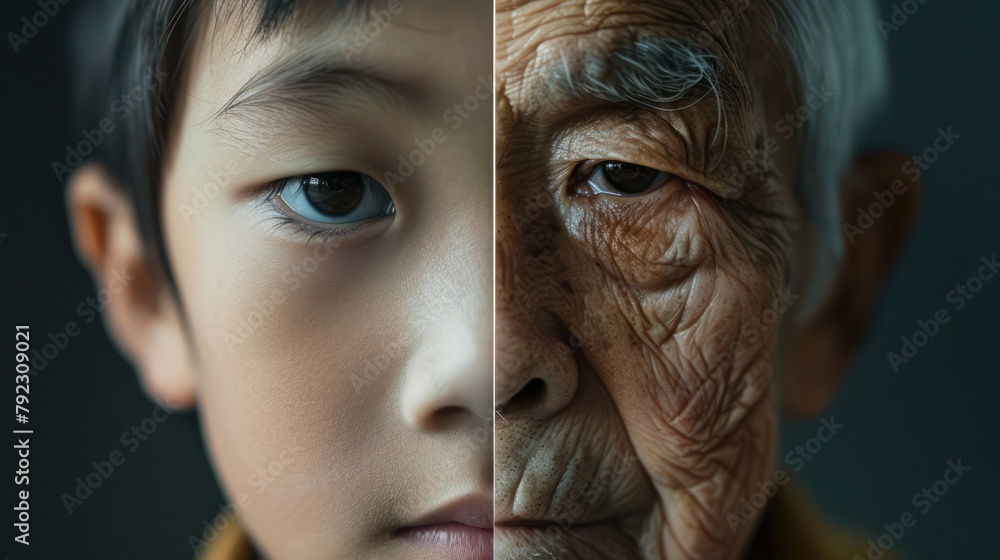 The face is divided into two halves - half of an Asian boy and half of ...