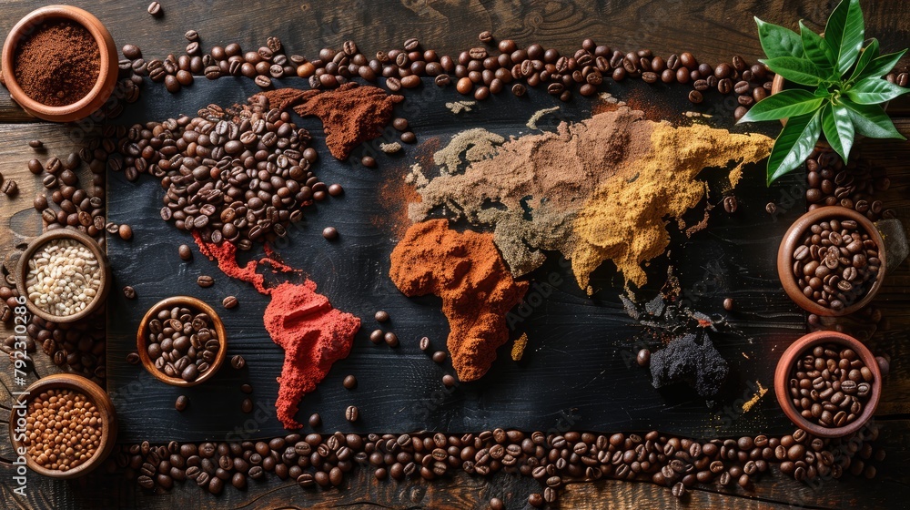 Top view of a coffee beans map showing the different coffee-producing ...