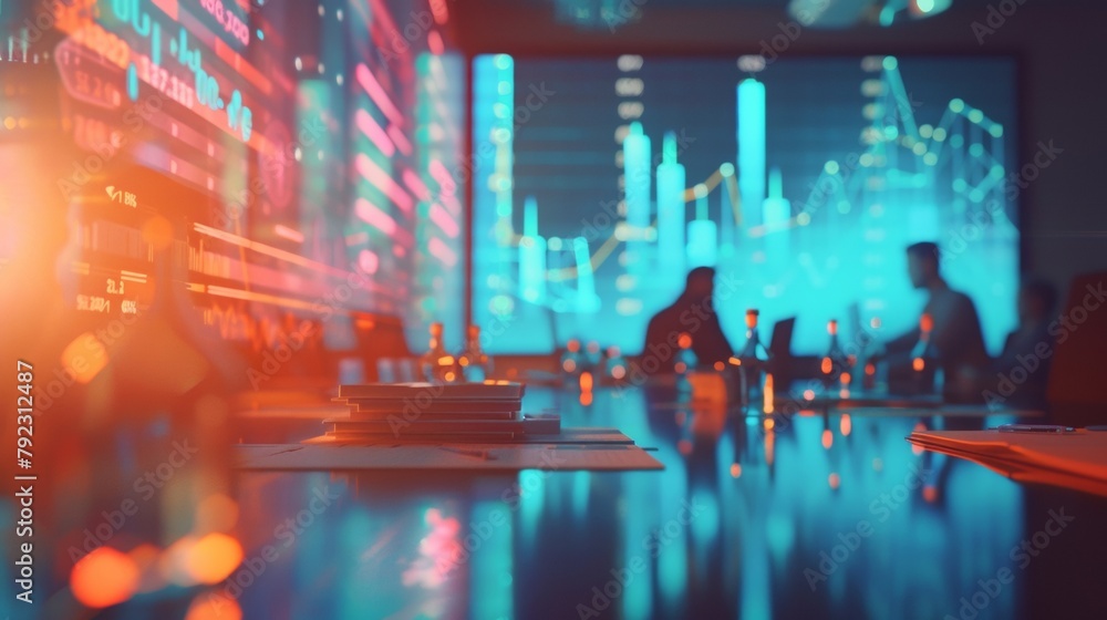 Faintly blurred background of a business summit with indistinct shapes ...