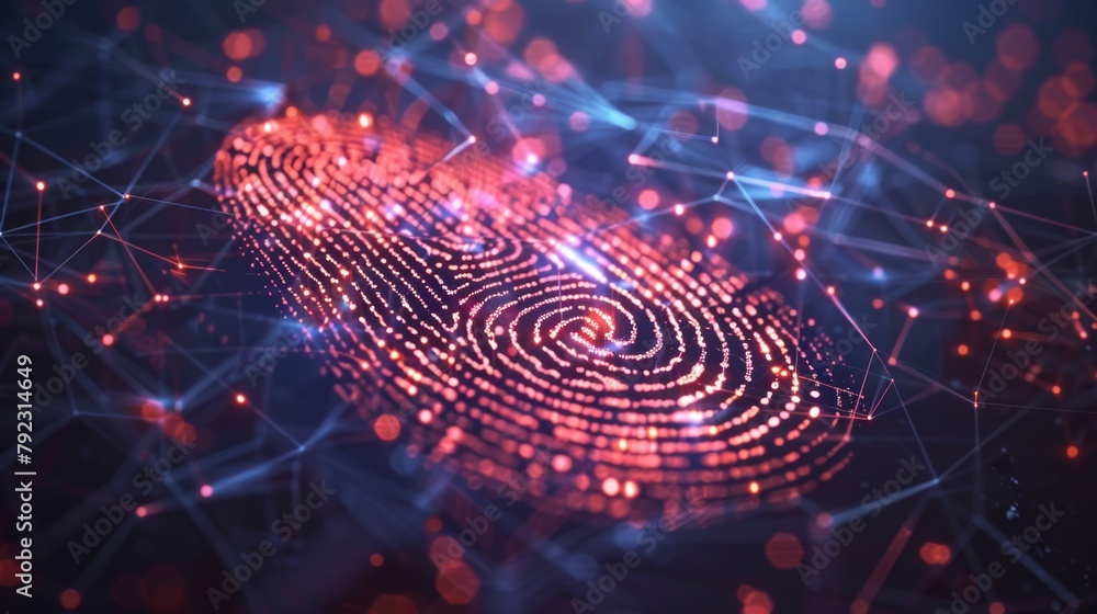 A digital fingerprint overlay on a network grid with glowing red and blue nodes, symbolizing ...