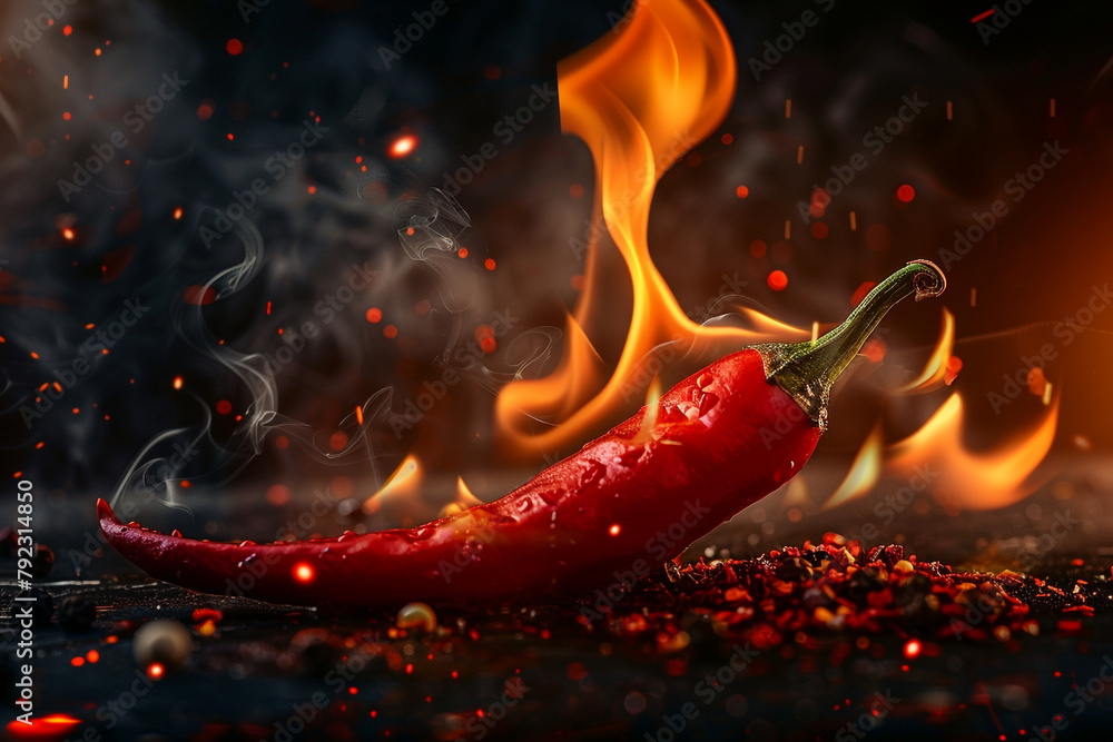 close-up of a vibrant red chili pepper with flames licking around its ...