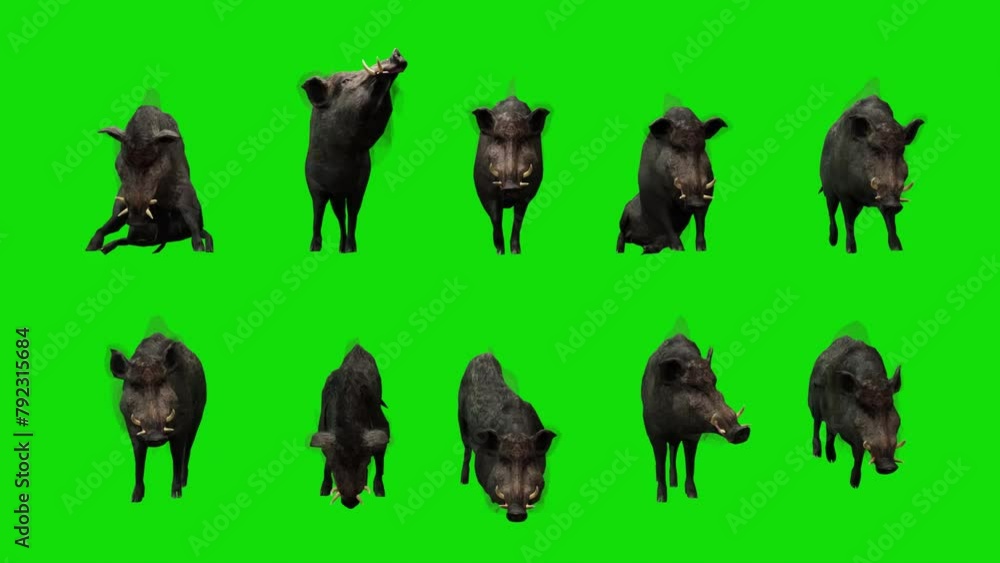 3D character animation of a wild boar on a green screen background ...