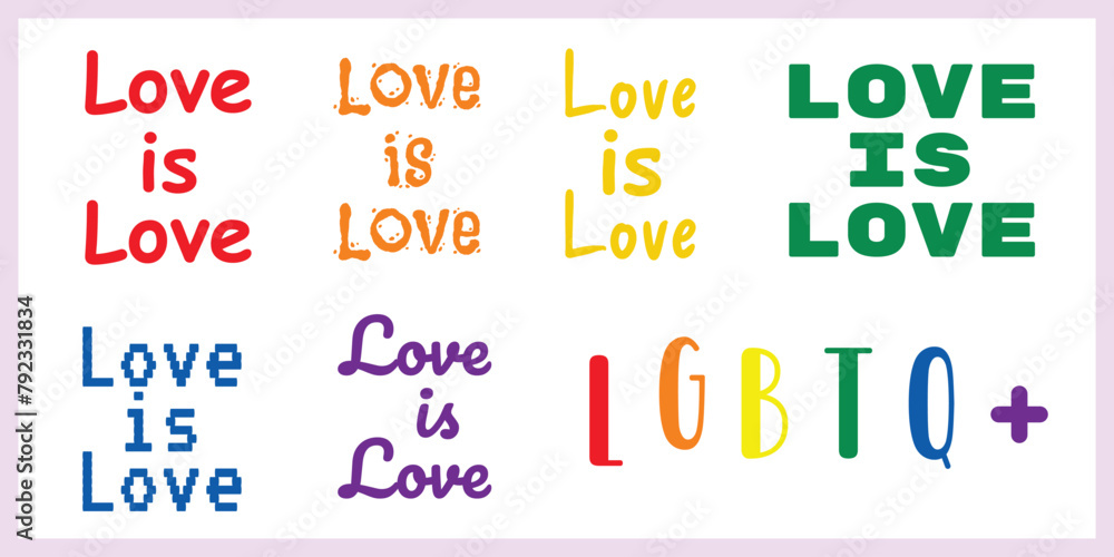 LGBT pride month love is love text or font design Vector set of LGBTQ ...