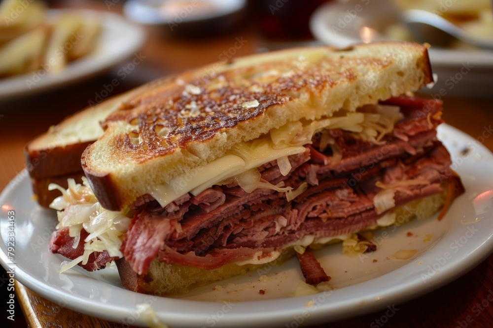 Grilled sandwich with corned beef Swiss cheese sauerkraut Russian ...