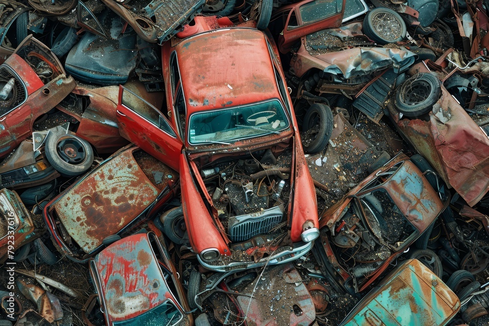 In a junkyard a red car lies crushed among discarded vehicles ...