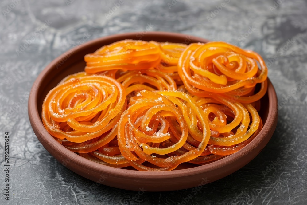 Indian dessert Jalebi with spicy Ratlami Sev on clay plate Stock Photo ...