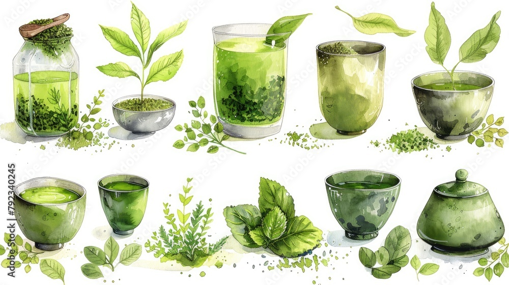 watercolor matcha green tea elements leaves objects isolated on clear ...