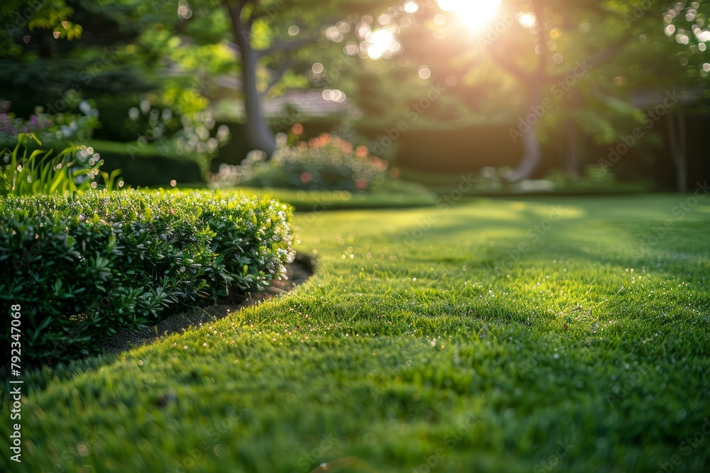 Smooth lawn of Bermuda grass with curved bushes and trees in a sunny ...