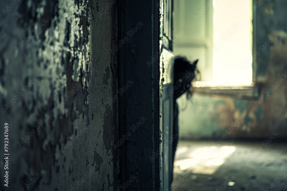 Creepy blurred silhouette of a creature peeking around a corner in an ...