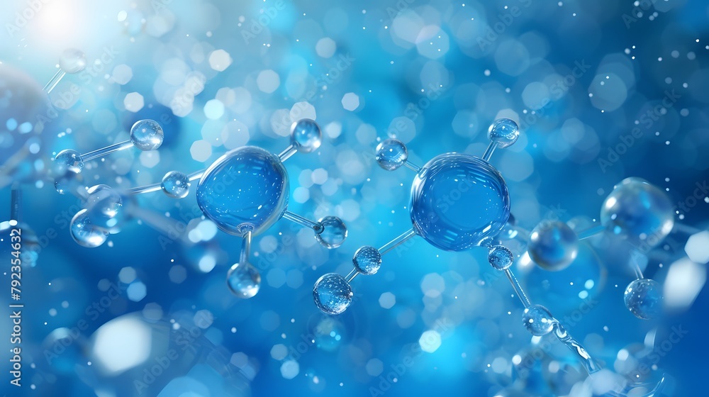 Bright blue bubbles in water with a molecular structure, glassy texture ...