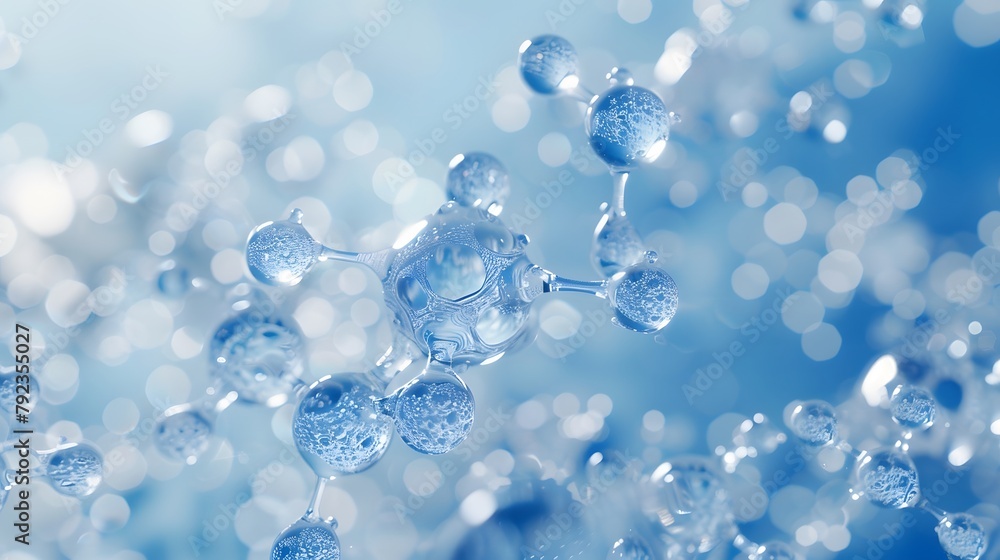 Bright blue bubbles in water with a molecular structure, glassy texture ...