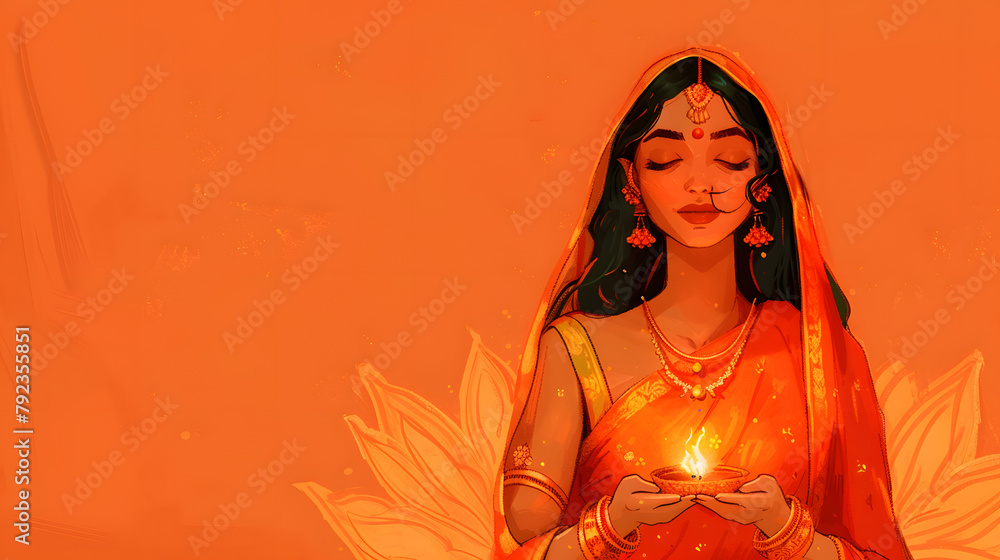 a woman dressed in traditional Indian attire, is holding diya. Solid ...