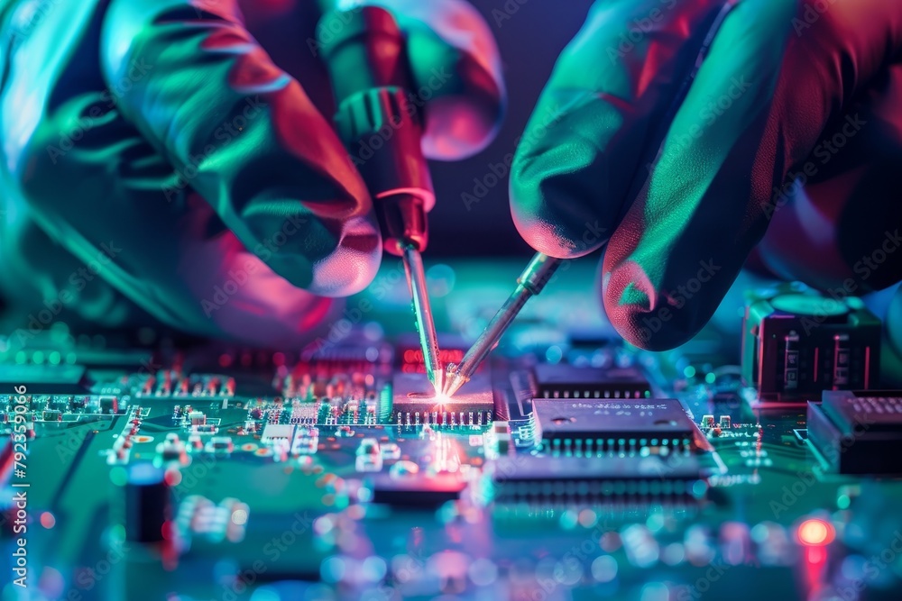 Technician repairing laptop circuit board with welding machine ...