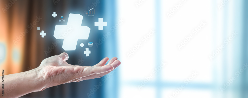 plus sign icon floating in the air on hand It symbolizes the ...