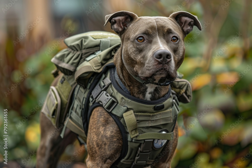 A military Pitbull Terrier dog in a K9 bulletproof vest in full combat ...