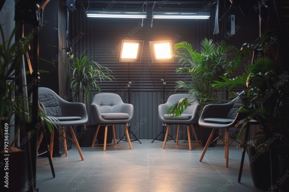 TV studio setup with two gray stools a plant and lighting ready for an ...
