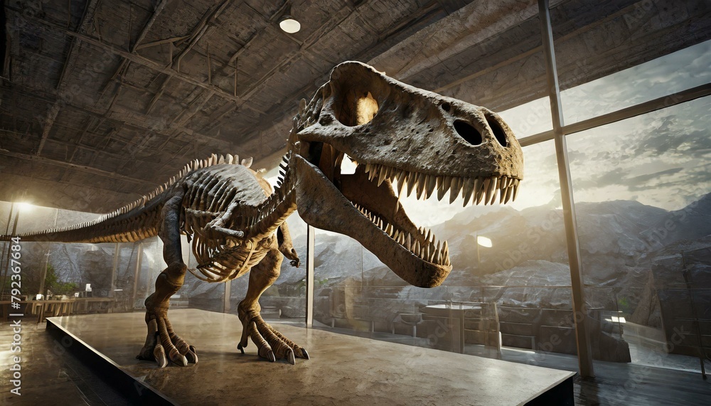 Dinosaur skeleton of a T-Rex on display in a natural history museum. Photorealistic, hyper ...