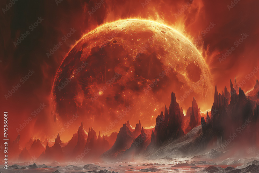 Alien landscape with red fiery moon or other satellite planet sci-fi ...