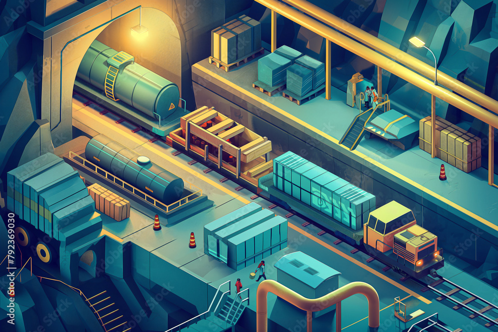 Single-rail railway track running through an underground tunnel ...