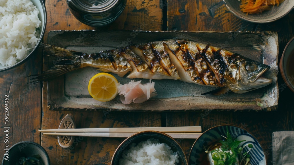 A classic Japanese teishoku set meal with grilled fish, rice, pickles ...