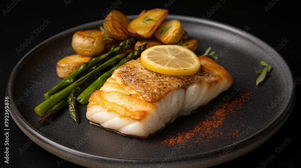 a Beautifully Cooked Wild Alaskan Cod fillet with seasoning and a very ...