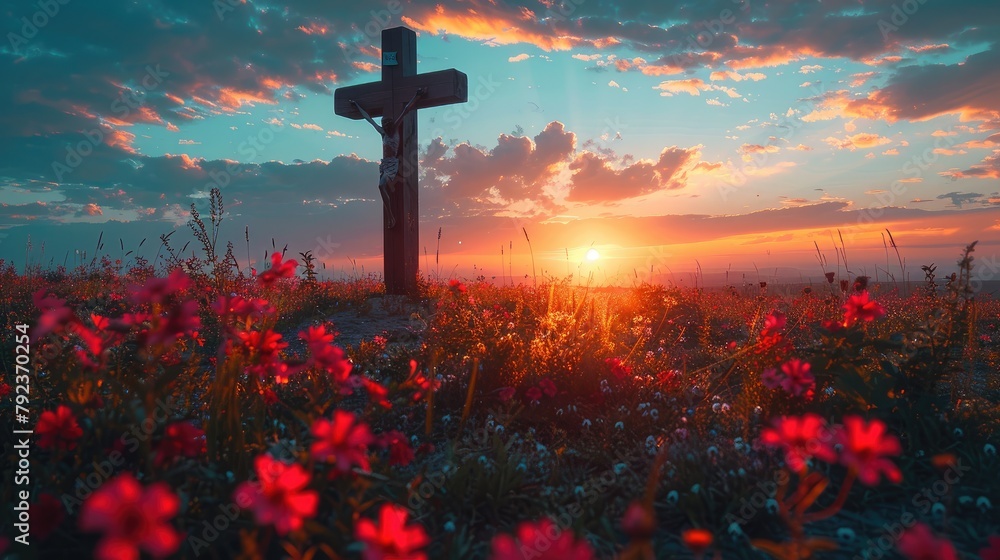 cross of jesus christ on sunset sky background christian religion ...