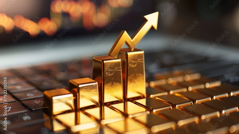 A golden bar graph with arrow pointing upward, depicting a rise in gold ...