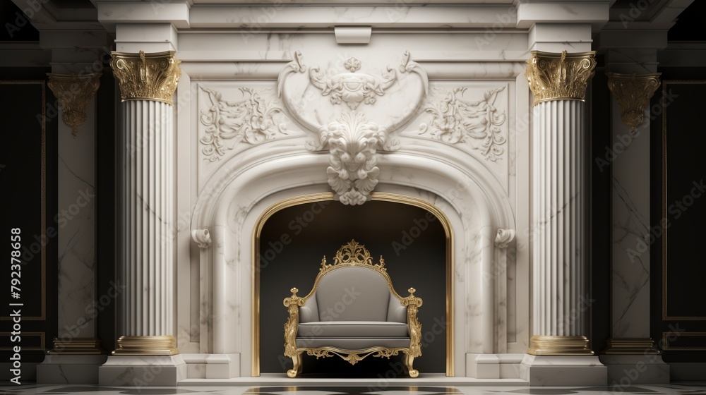 Opulent Art Deco fireplace mantel with marble detailing, captured in a ...