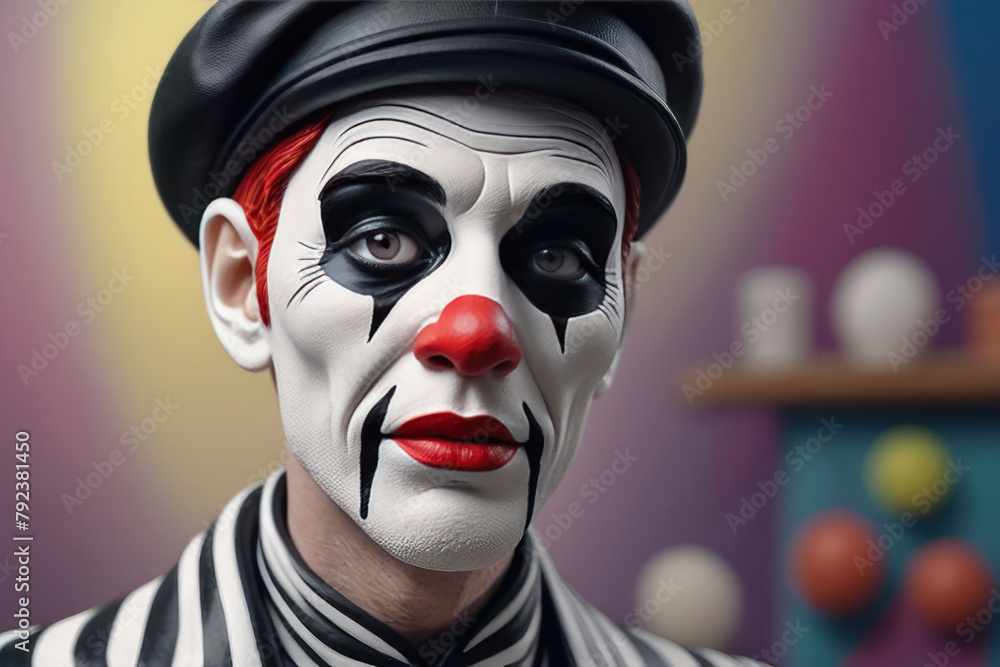 Portrait of clown is a mime with painted face in a silent expression ...