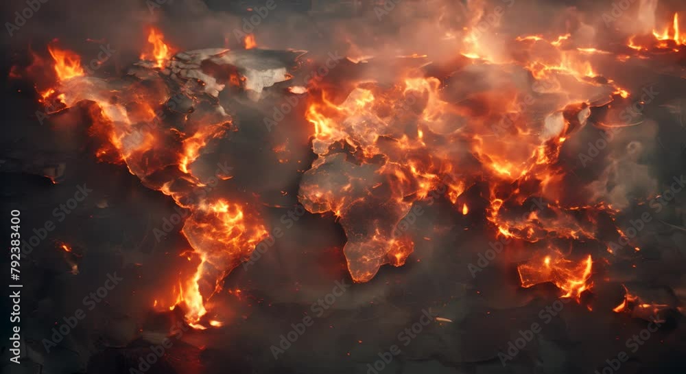 High-tech image of a scorched world map, with areas of conflict and ...