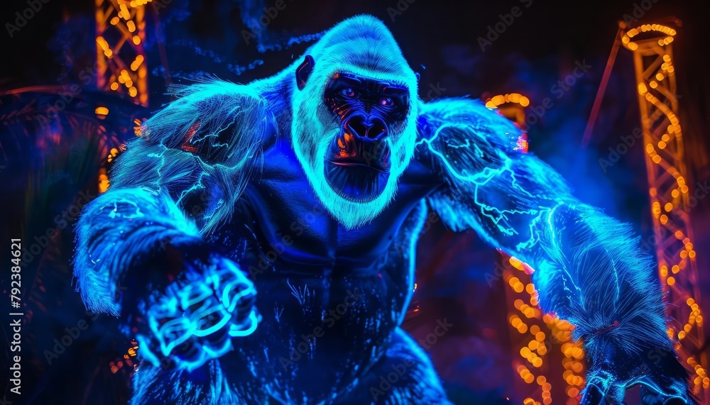 A colossal neon gorilla, its muscles pulsing with electric blue, pounds ...