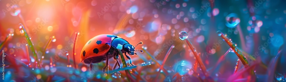 A tiny neon ladybug, its shell a vibrant neon orange with neon black ...