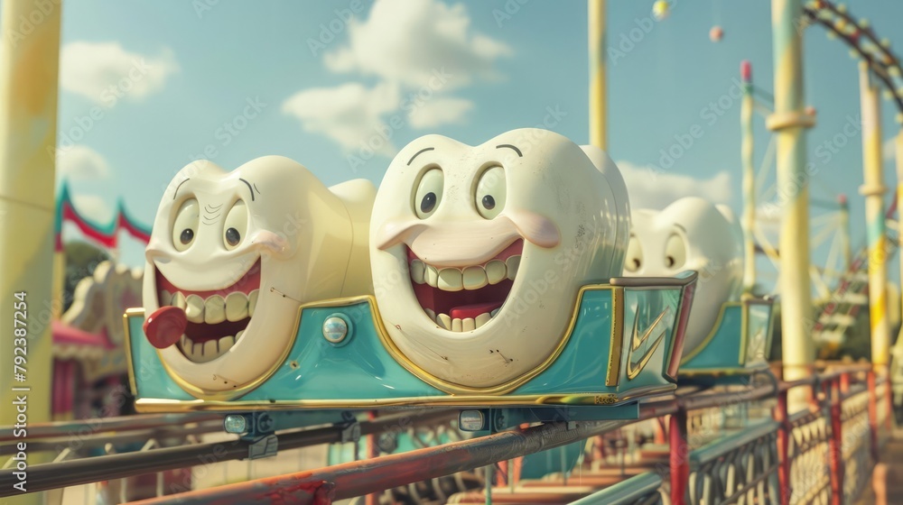At a tooththemed amusement park, joyful teeth zip around on bristle ...