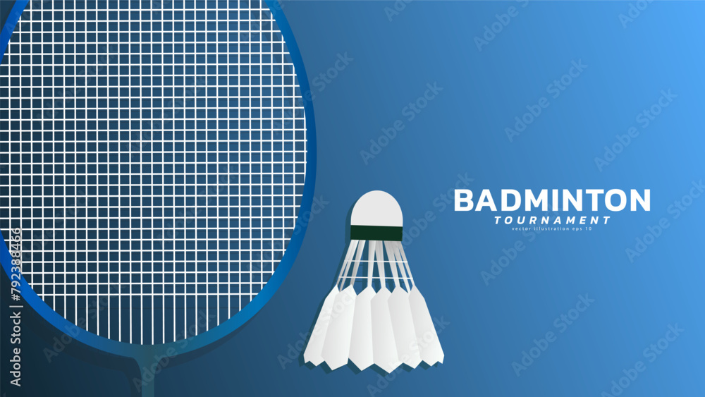Badminton racket with white badminton shuttlecock n blue background ...