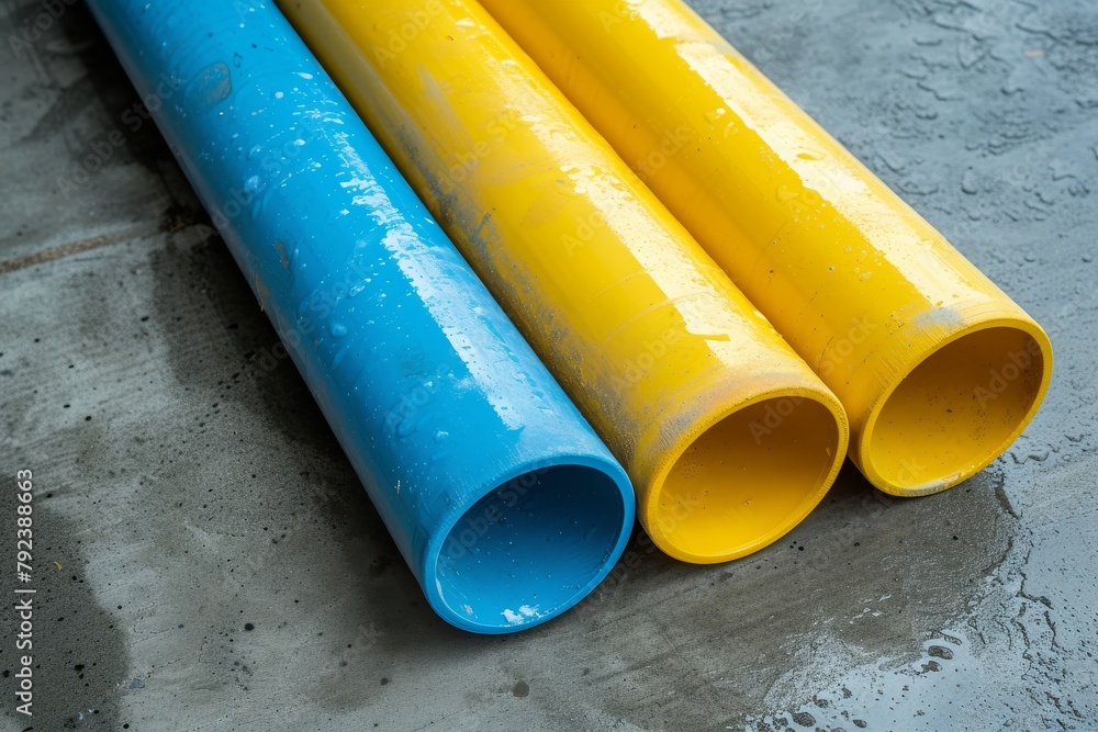 PVC pipes in yellow and blue lie on the concrete floor serving ...