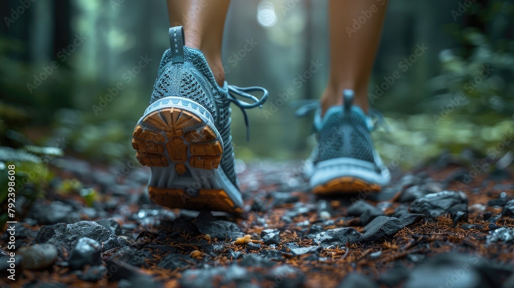 lady trail runner walking on forest path with close up of trail running ...