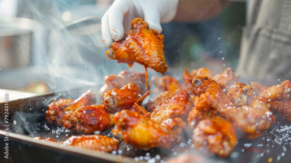Chef tossing freshly fried chicken wings in buffalo sauce, creating a ...