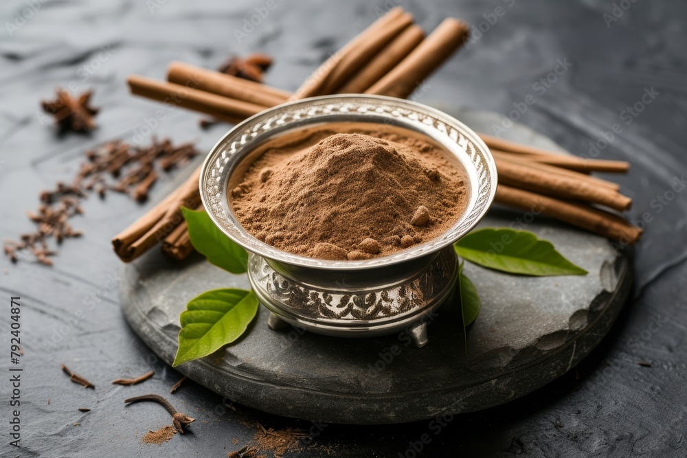 Sandalwood paste in silver bowl with sticks and leaves over circular ...
