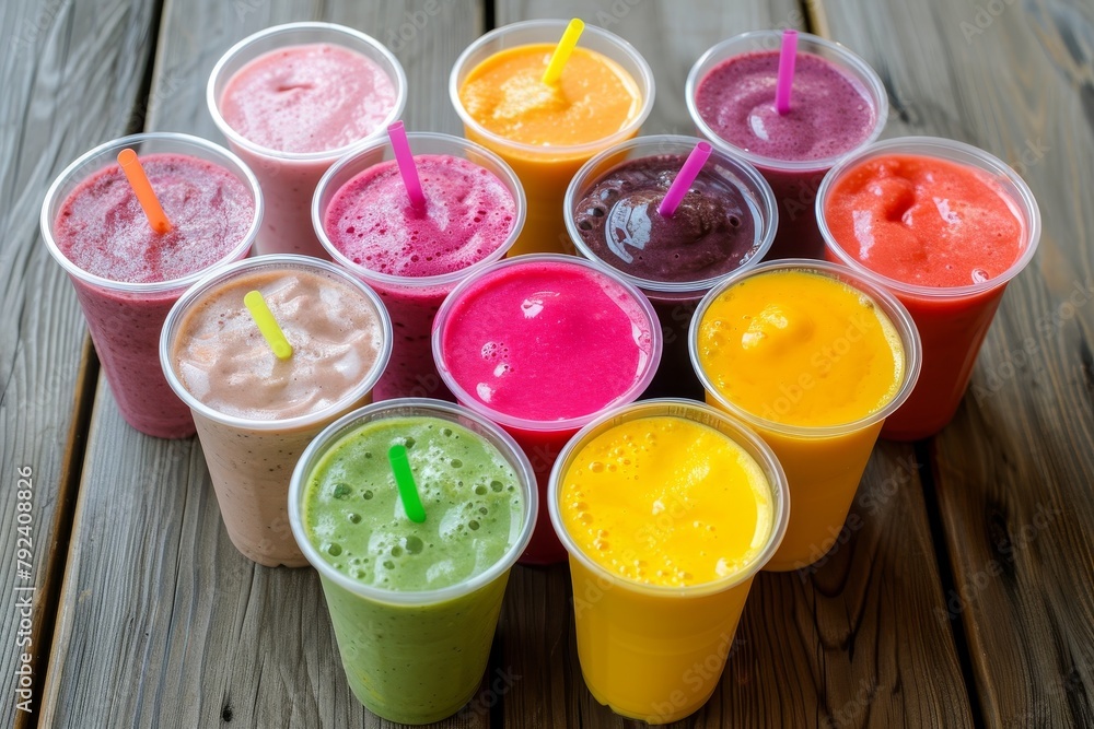 Smoothie collection with nine flavors served in a plastic cup Stock ...