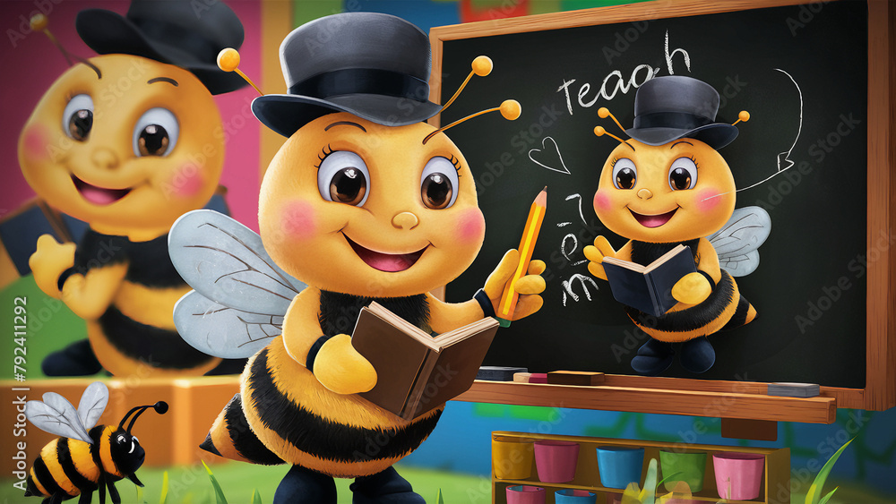 smart yellow honeybee pointing on board and reading. Isolated series ...