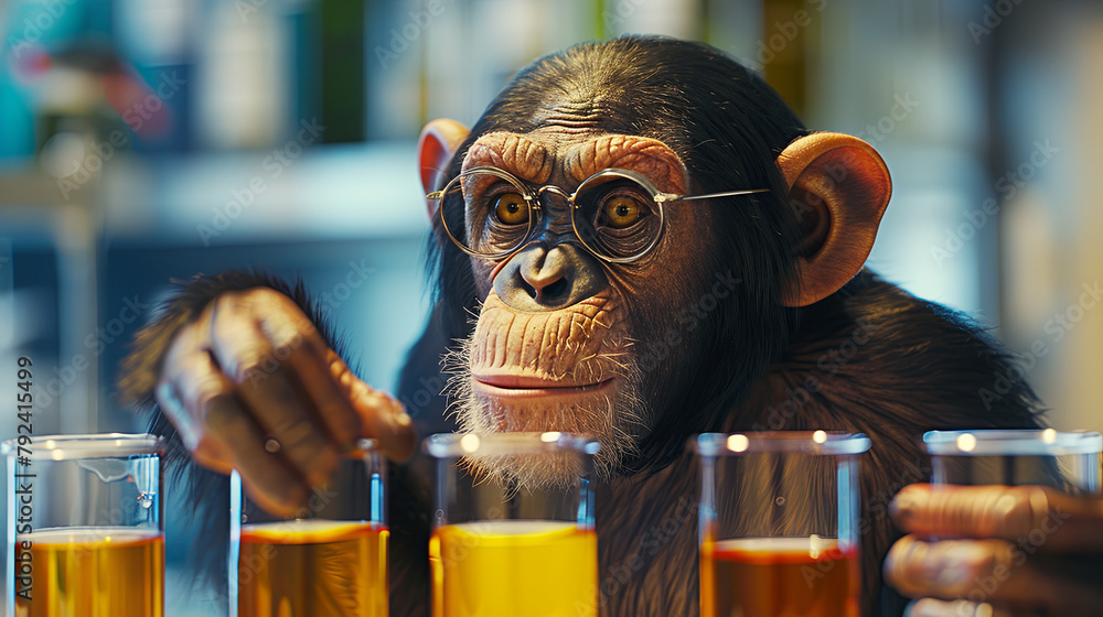 monkey scientist in the laboratory with colorful tubes, investigation ...